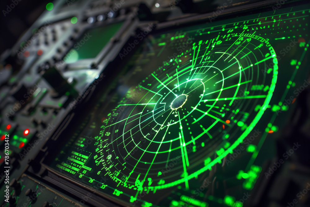 intensity of a green military radar screen in action, illustrating the ...