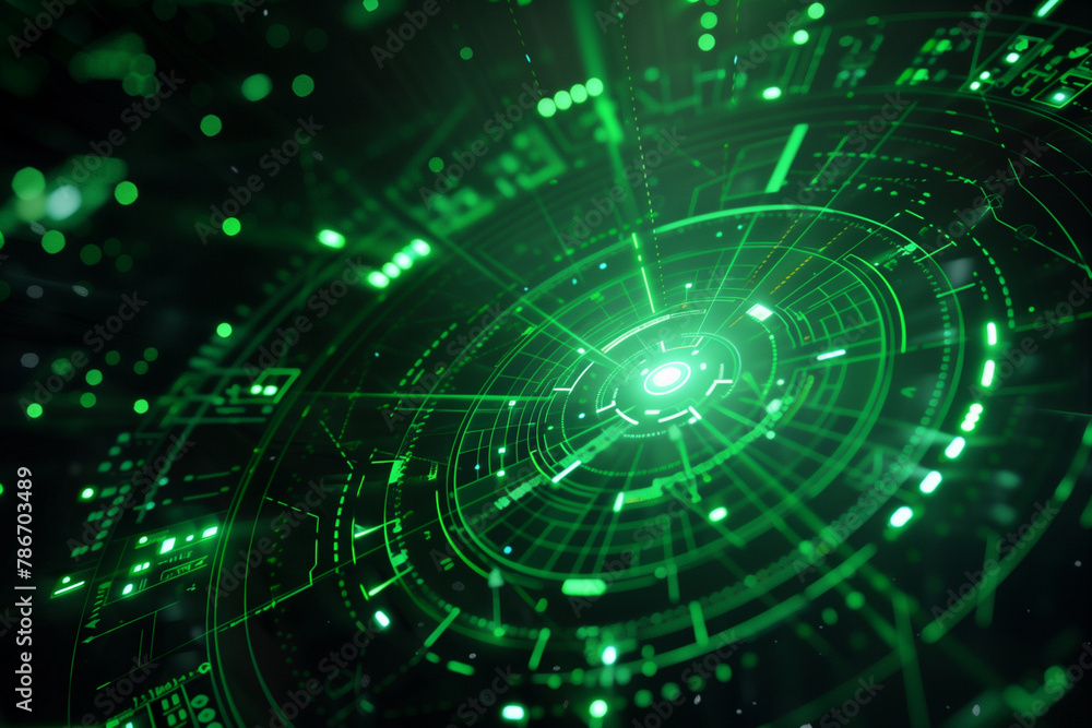 vibrant green glow of a military radar screen, symbolizing the constant ...