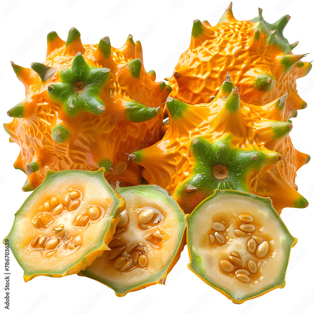 A detailed image of fresh kiwano (horned melon), its orange exterior ...