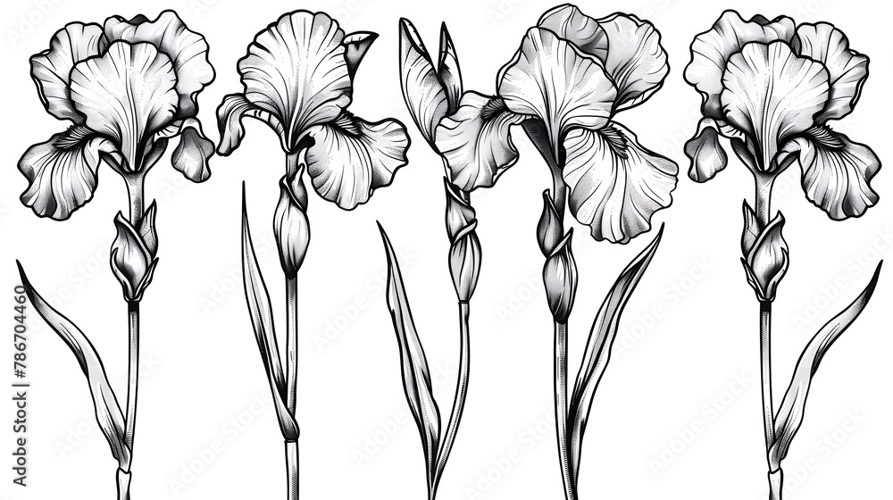 Vector Iris floral botanical flower. Black and white engraved ink art ...