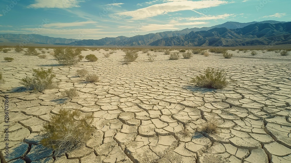Expansive view of a dry, cracked desert floor with sparse vegetation ...