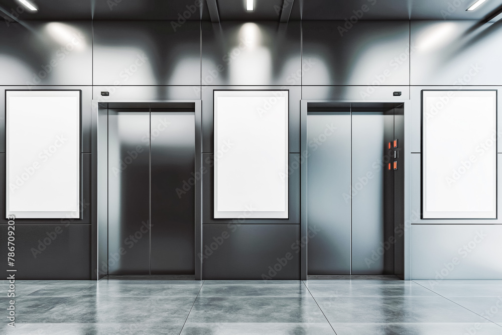 Mock up. Two empty elevators with opened metallic cabins doors and ...