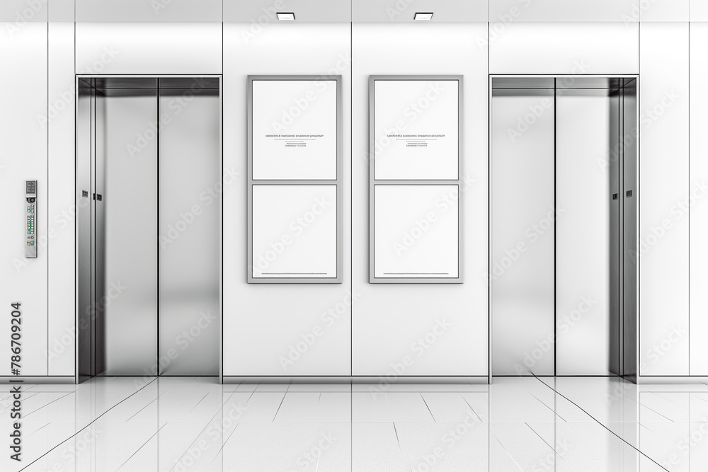 Mock up. Two empty elevators with opened metallic cabins doors and ...