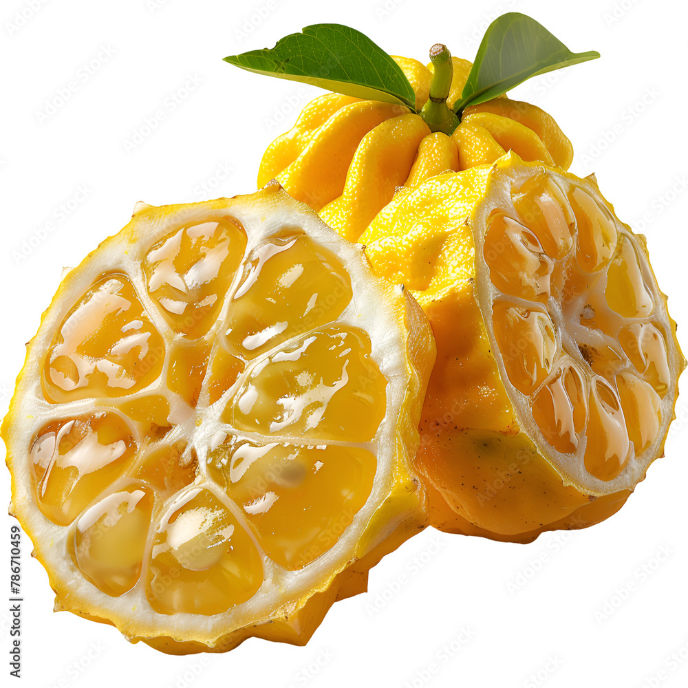 A photorealistic image of fresh araza, its yellow, round fruit cut open ...