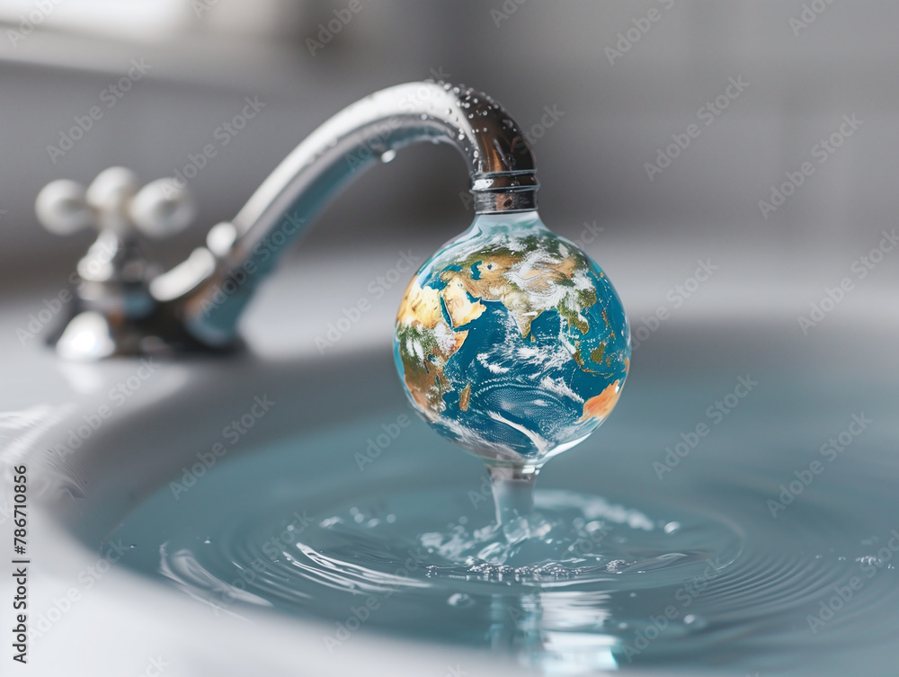 Earth-like droplet from faucet, a drop of Earth-shaped water hanging ...