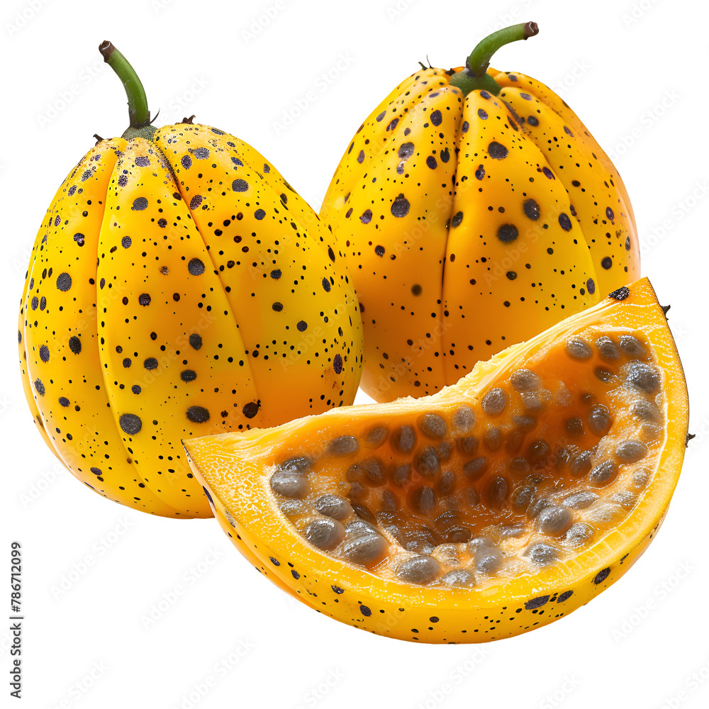 A photorealistic image of fresh araza, its yellow, round fruit cut open ...