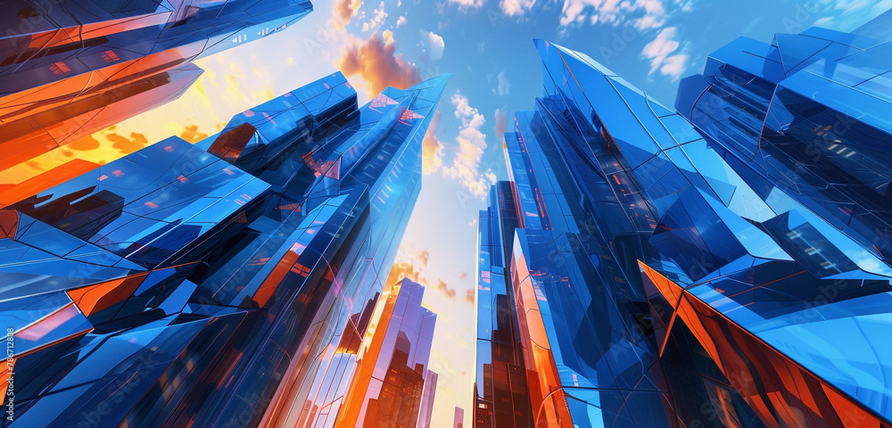 Techno Cityscape Bold, angular structures pierce the skyline in shades ...