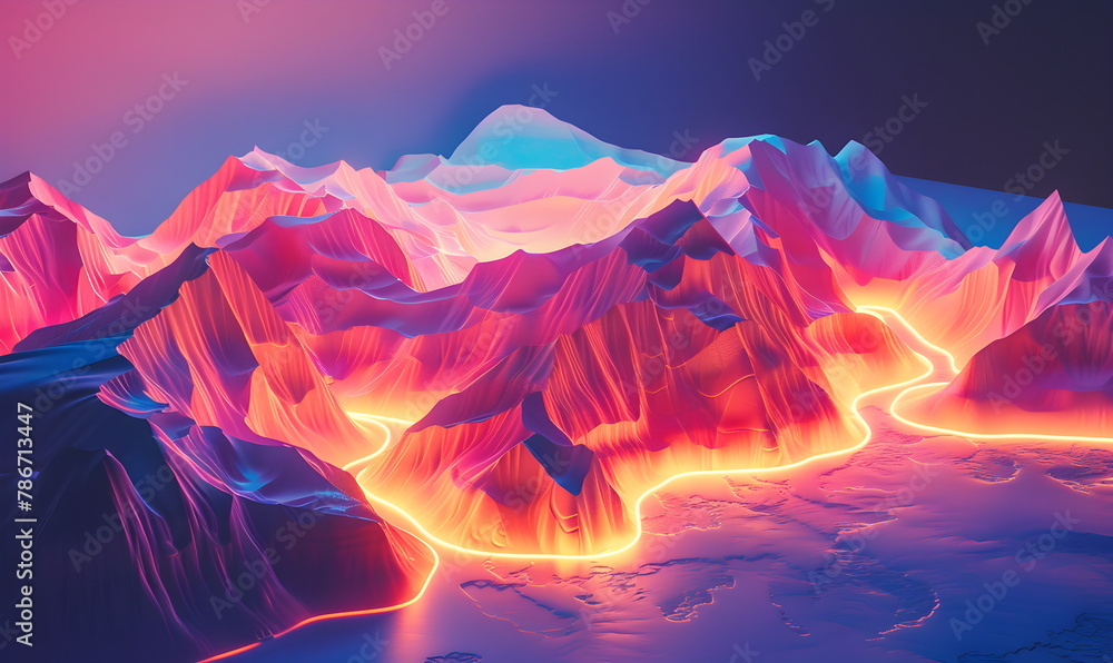 3d render. abstract neon background with mountains. fantastic terrain ...