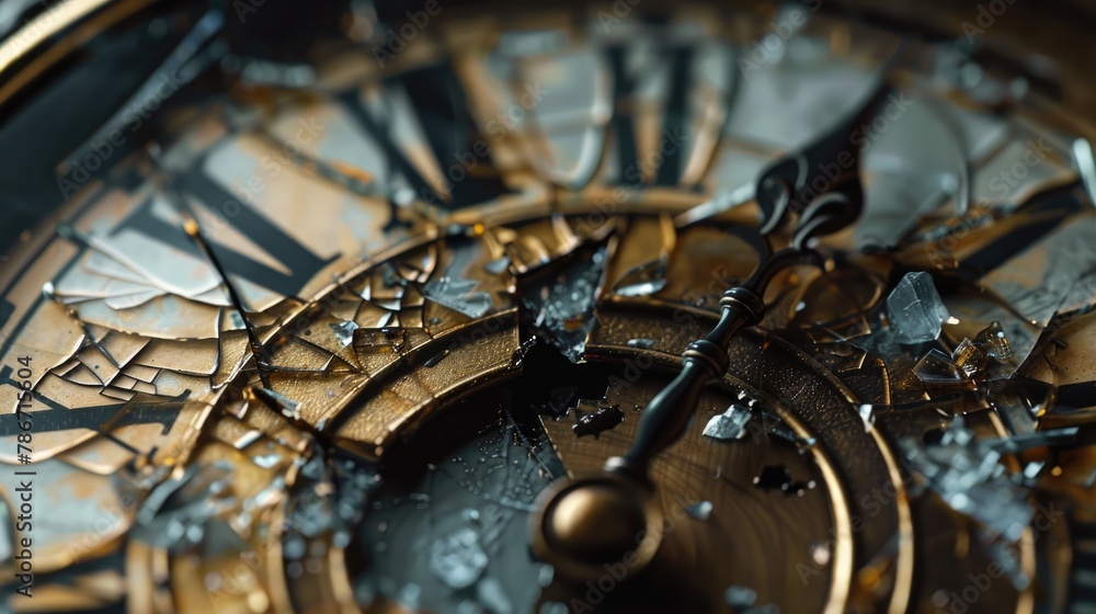 Extreme close-up of a shattered clock face with motionless hands ...