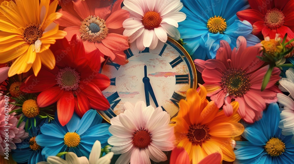 Tight close-up view capturing the vibrant life of a clock face made ...