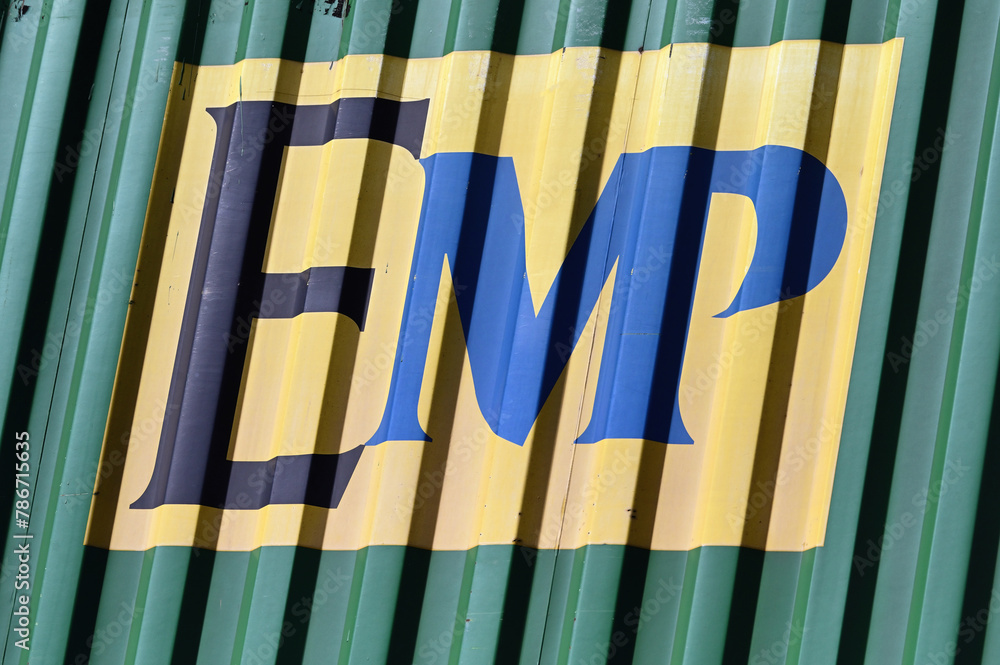 An EMP logo on the side of an intermodal container mounted as part of a ...