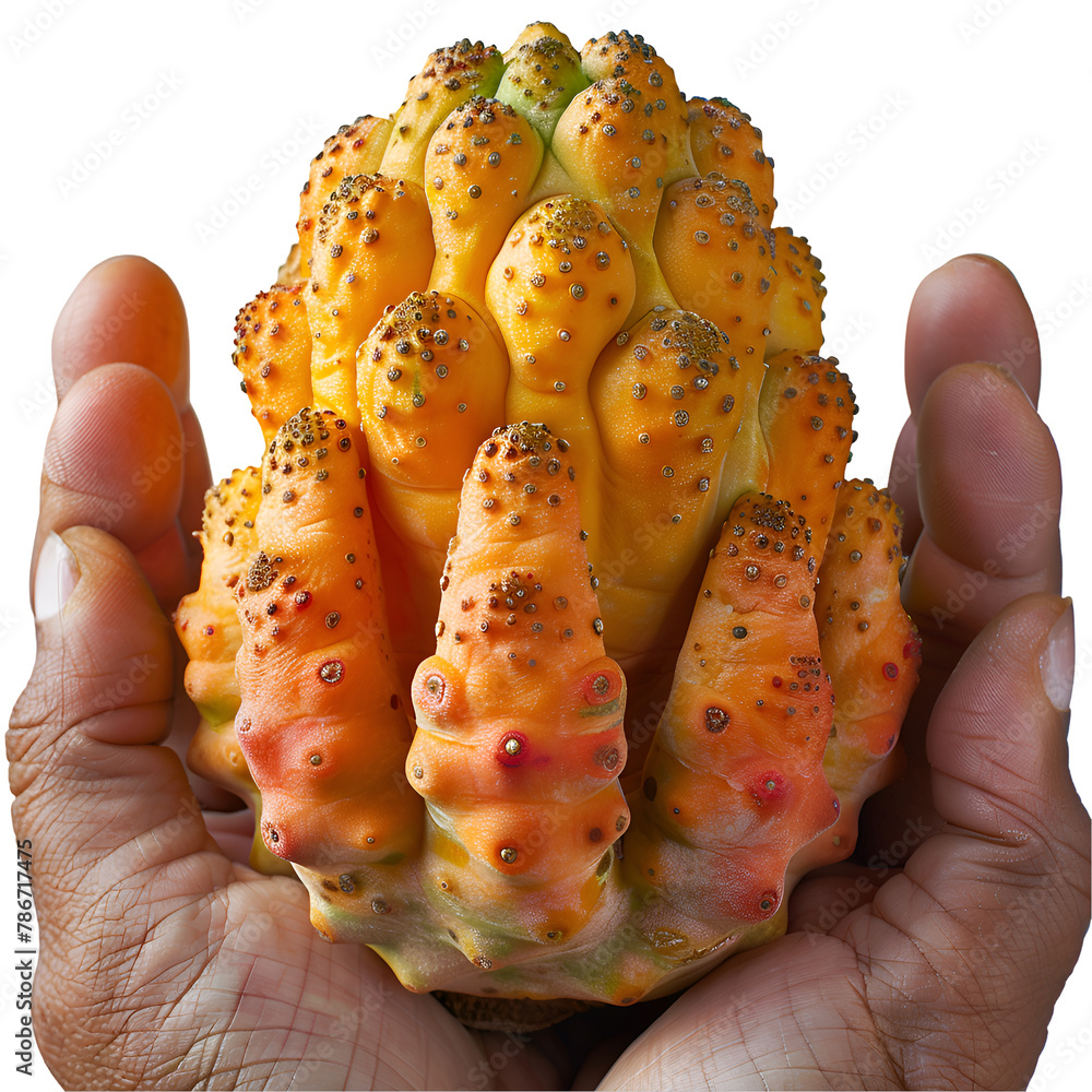 A realistic photo of a fresh Buddha's hand fruit, its yellow segmented ...