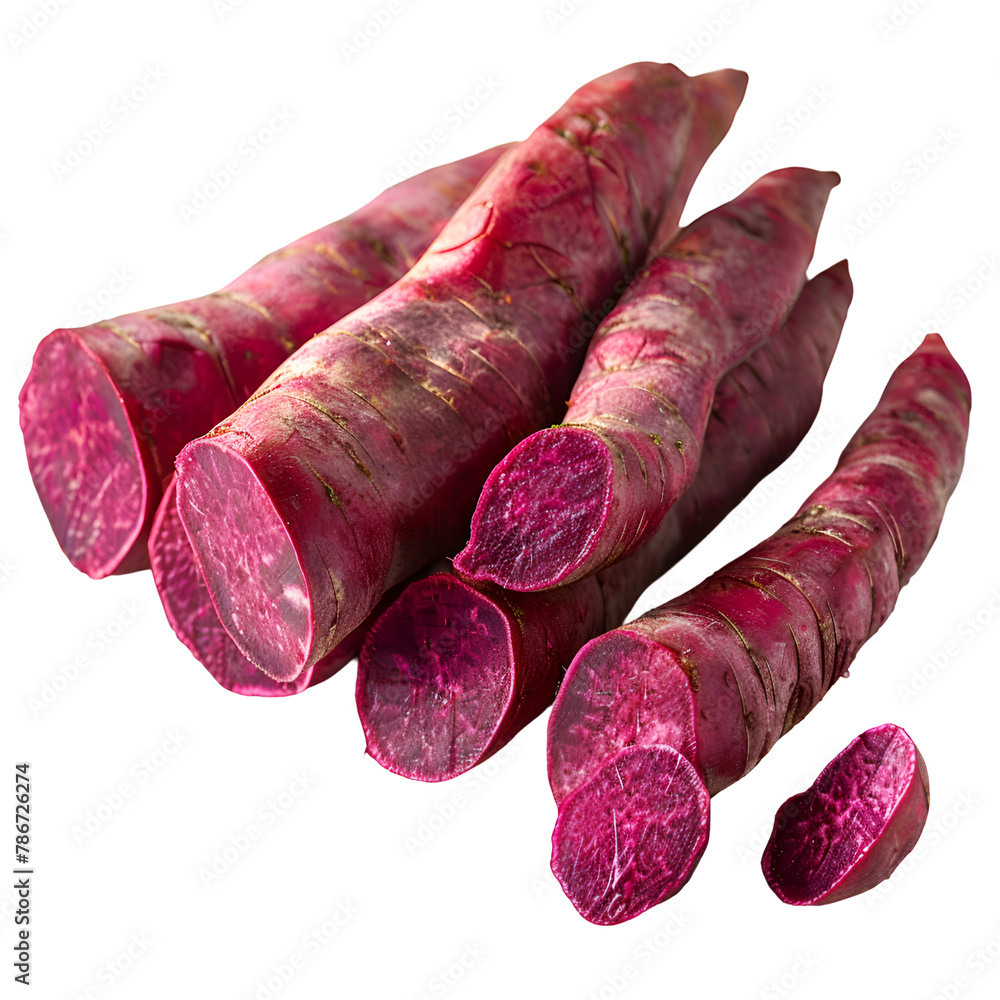 A realistic photo of fresh oca roots, their bright red, tuberous bodies ...