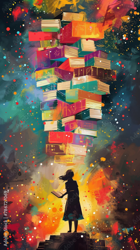 Bright colorful book day poster with paint stains and a stack of books ...