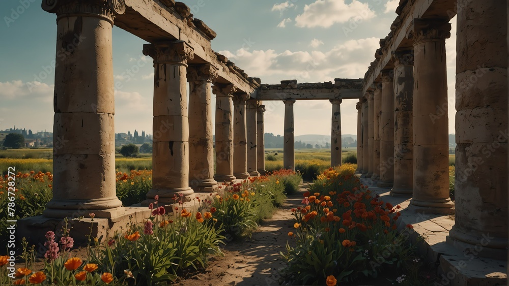 flower fields walkway with ancient roman columns from Generative AI ...