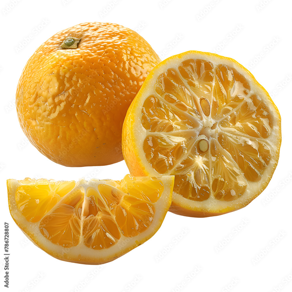 An HD image of a fresh calamondin (miniature orange), whole and sliced ...