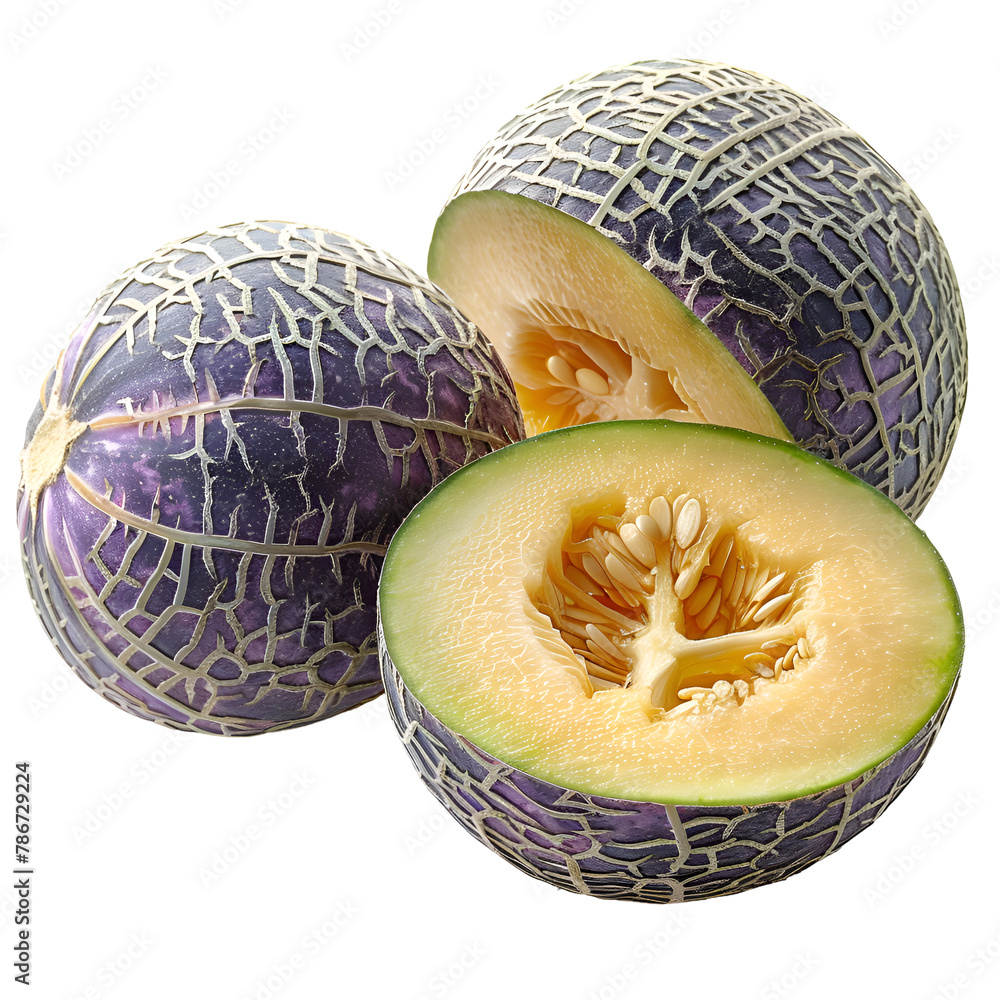 An HD image of a fresh pepino melon, its light yellow skin with purple ...