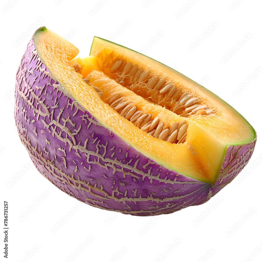 An HD image of a fresh pepino melon, its light yellow skin with purple ...