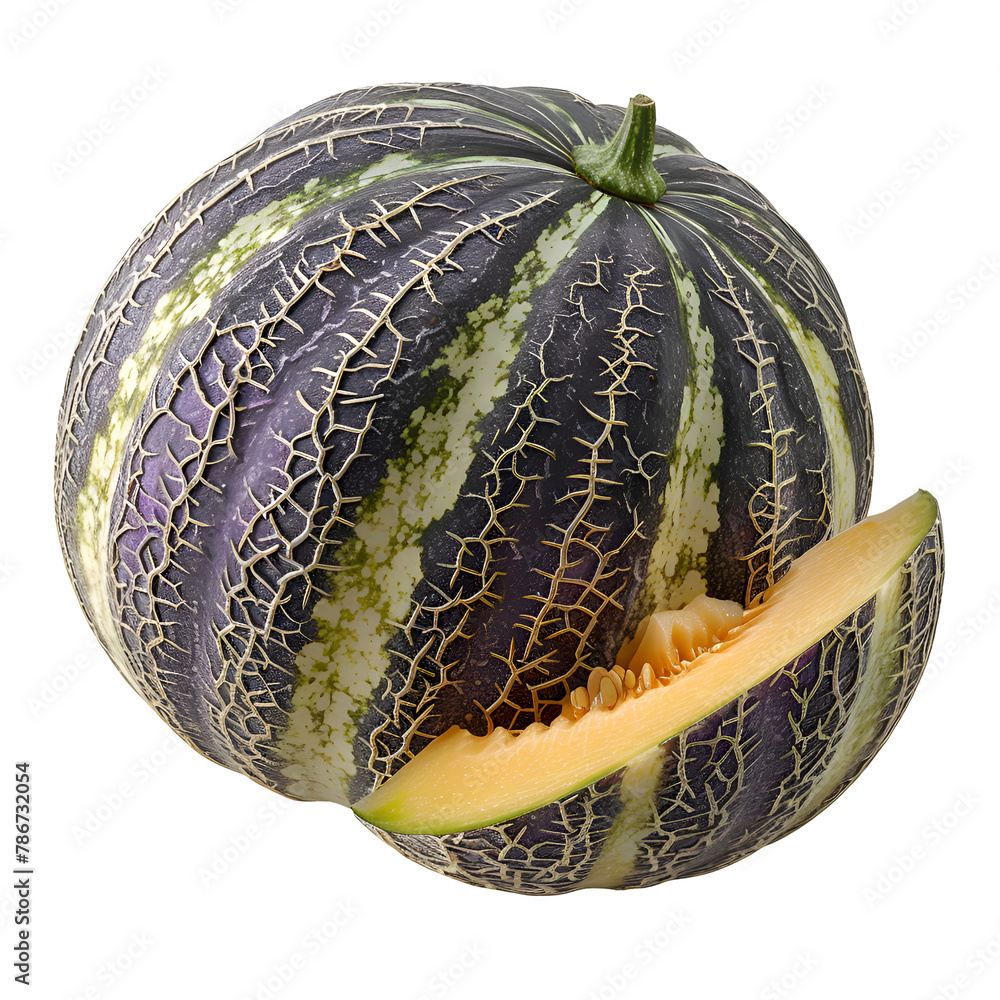 An HD image of a fresh pepino melon, its light yellow skin with purple ...