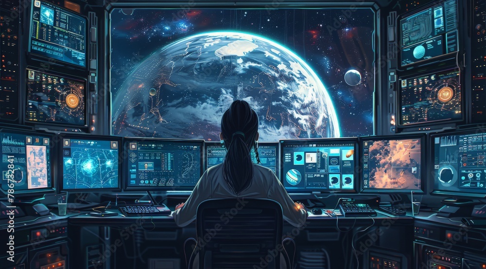 Female character sitting at her desk surrounded by multiple monitors ...