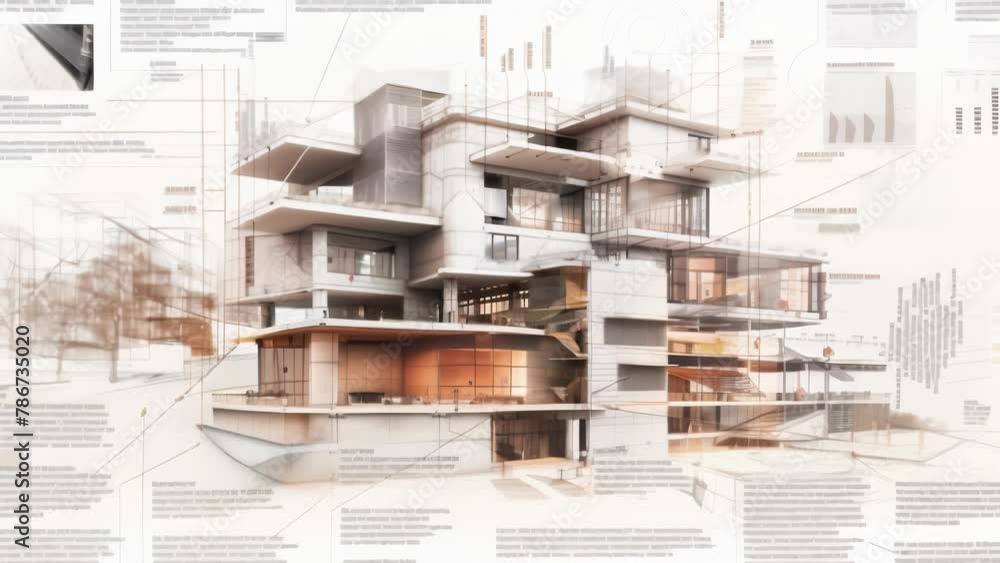 Blueprints for a modern building are spread out, revealing intricate ...
