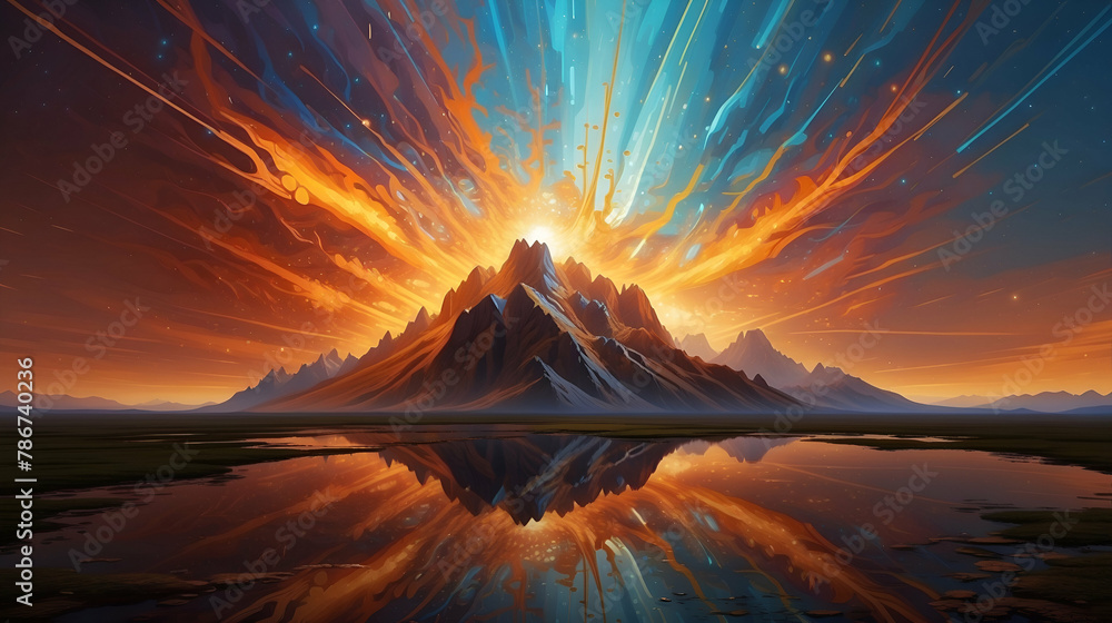 Fiery Sky Meteor Shower over Mountain Reflection, Dramatic digital art ...
