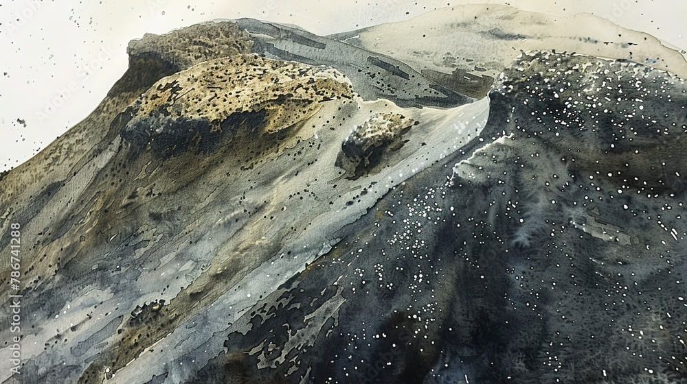 Watercolor, Volcanic ash layer, close up, fine texture, ominous ...