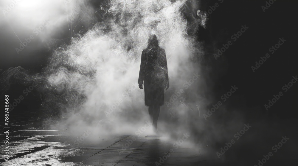 Amidst swirling tendrils of smoke, the silhouette of a lone figure ...