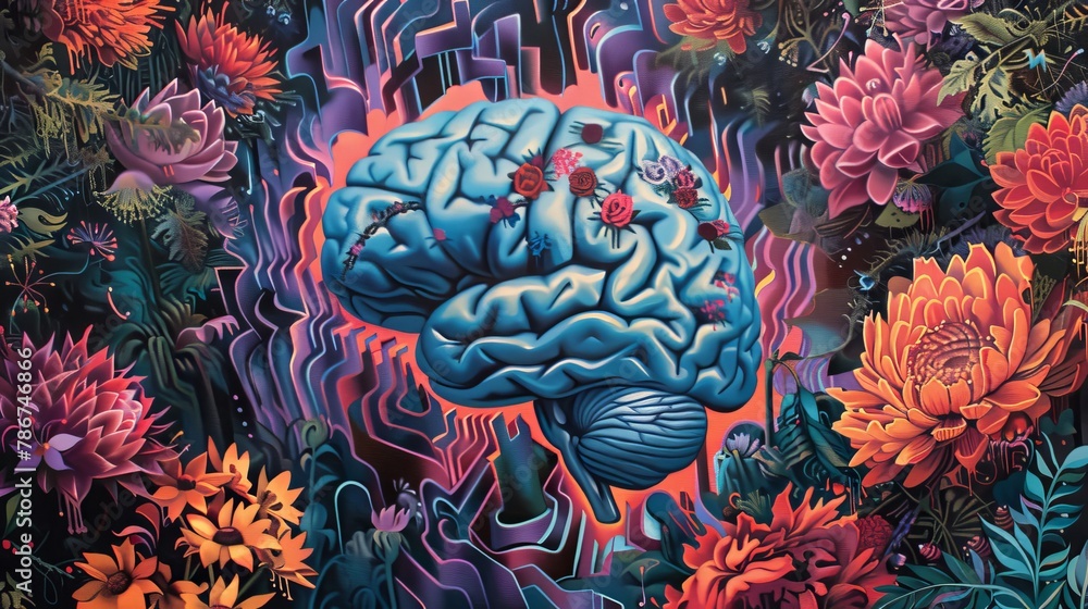 Artistic representation of a human brain as a labyrinthine garden ...