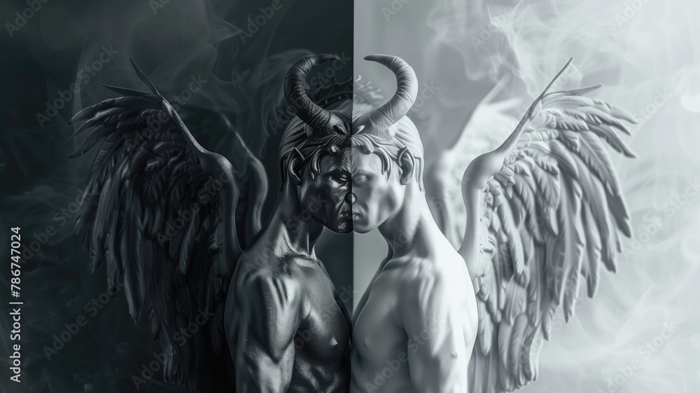 Angel and devil facing each other n monochromatic style with ...