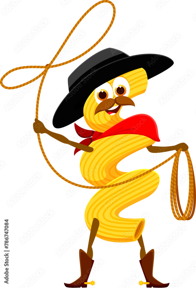 Cartoon Italian cavatappi pasta cowboy and sheriff, bandit and robber ...