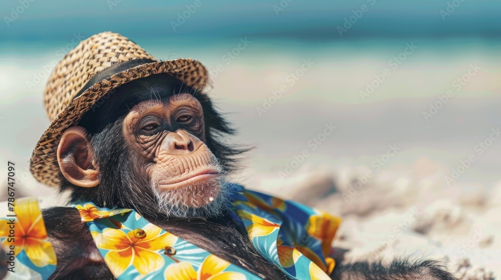 Cute monkey Sunbathing on the beach in a Hawaiian shirt and hat. Summer ...