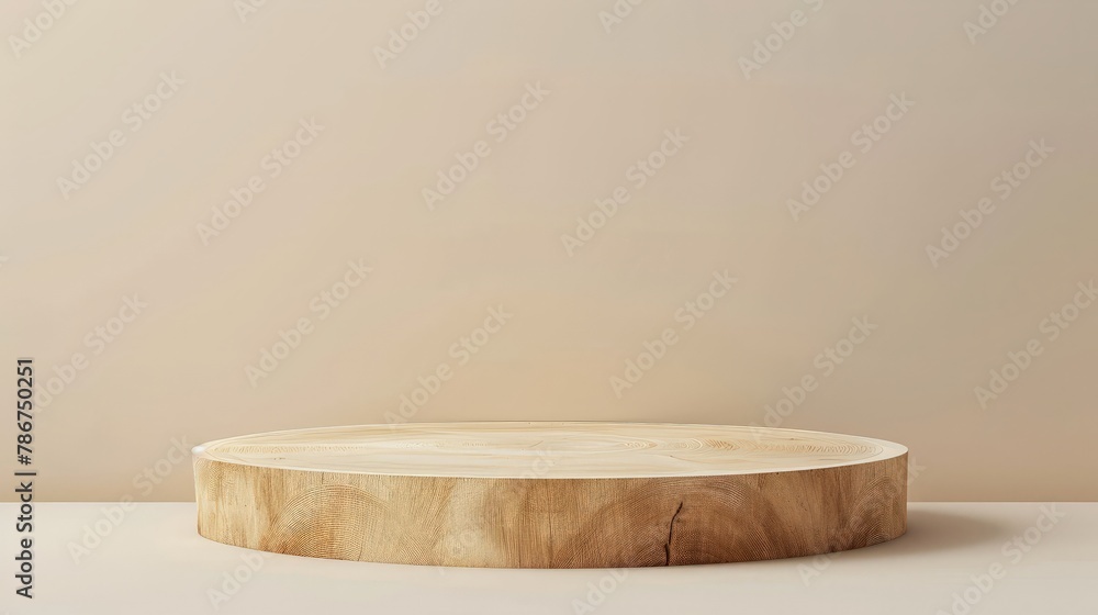 Wooden eco rustic pine tree wood circle disc platform podium on beige ...