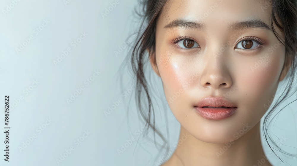 Beautiful young asian woman with clean fresh skin on white background ...