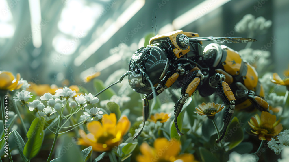 A striking image of a bionic bee interacting with a diverse array of ...