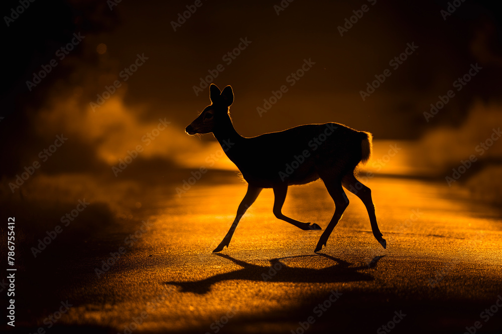 Deer running across road at nighttime, lit by car headlights. Road ...