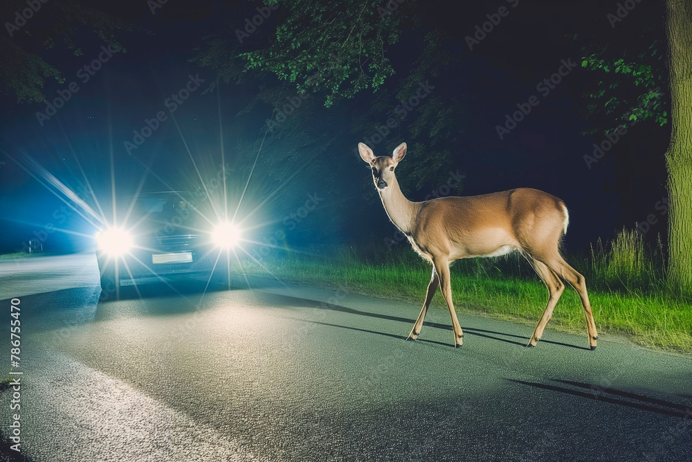 Deer running across road at nighttime, lit by car headlights. Road ...