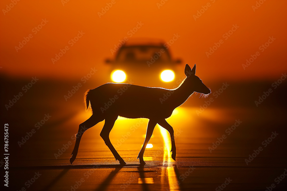 Deer running across road at nighttime, lit by car headlights. Road ...
