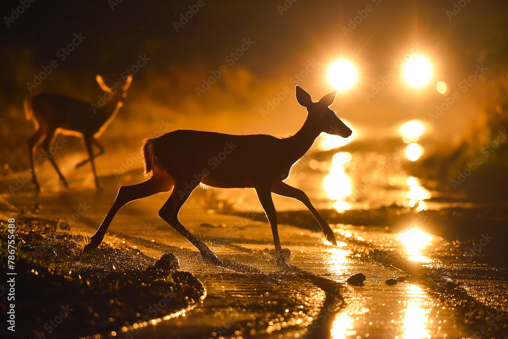 Deer running across road at nighttime, lit by car headlights. Road ...