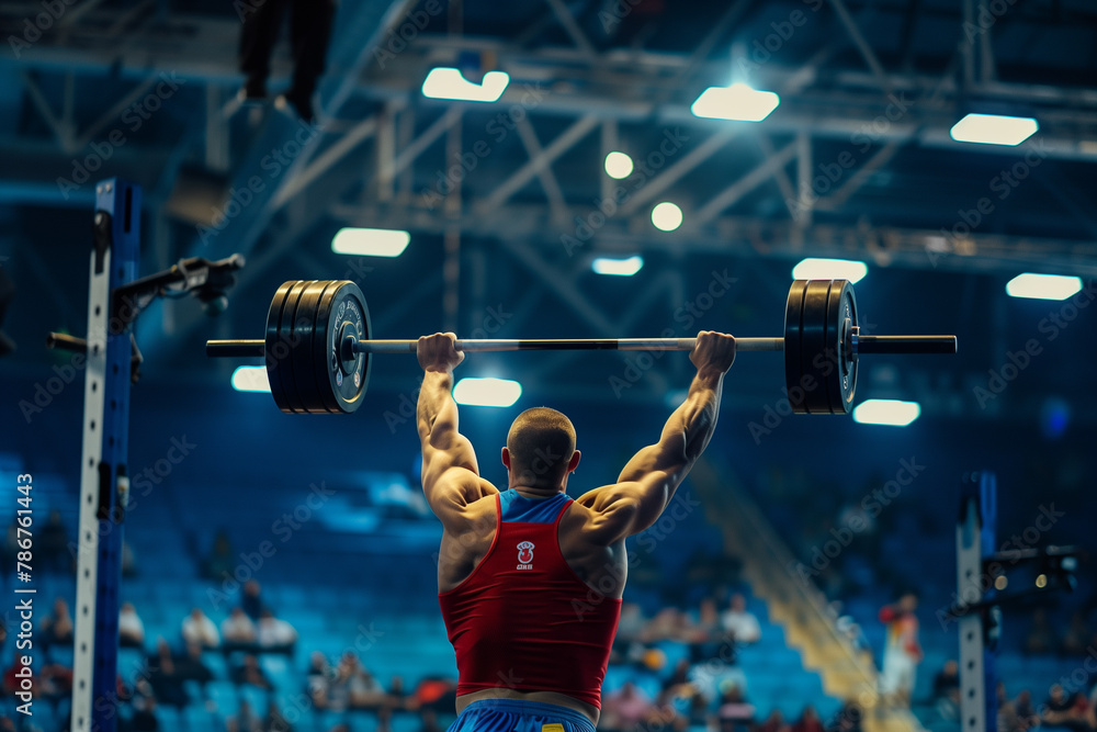 Weightlifter performing barbell raised high during competition in ...