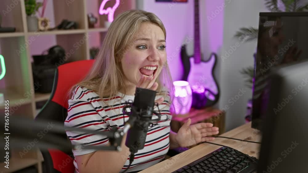 Furious blonde streamer yelling loud in gaming room, wave of stress ...