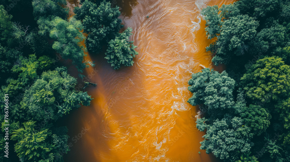 Trees, forest and water with flood in natural disaster for global ...