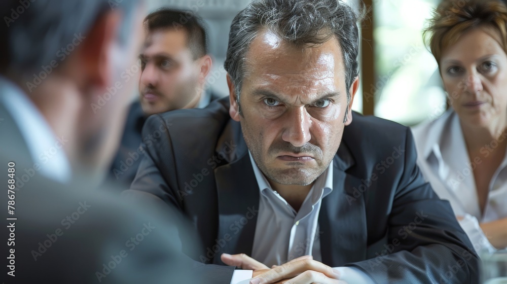 A tense meeting room scene, where a businessman is seen in heated ...