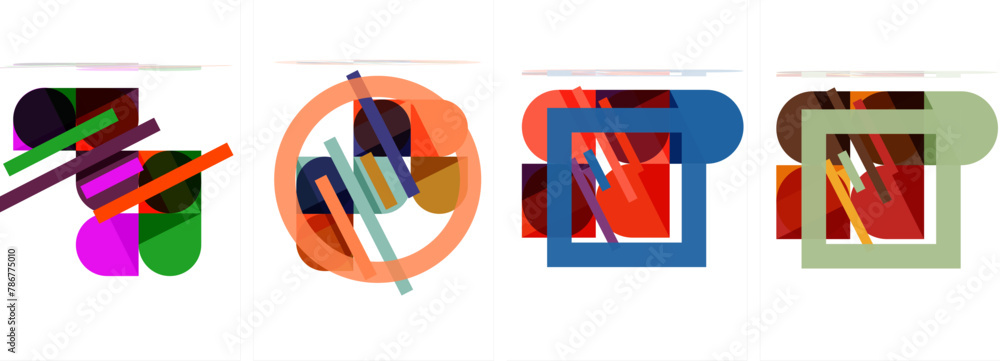 Various Colorful Objects Like Rectangles Circles And Logos Are Stacked On A White Background