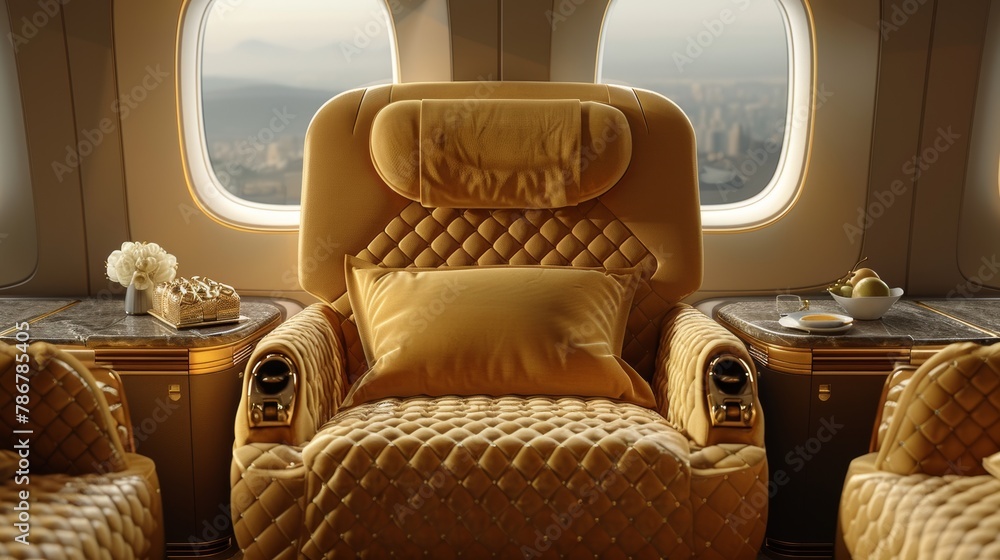 A luxurious first class or business class suite in gold color offers a ...