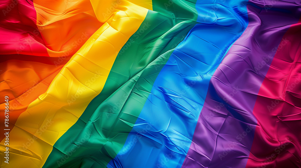 Pride month and inclusivity, support of LGBTQ. LGBT rainbow flags being waved in the air at a ...