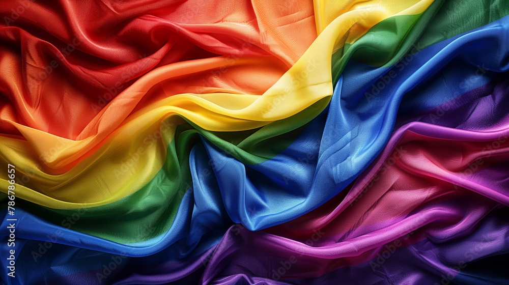 Pride month and inclusivity, support of LGBTQ. LGBT rainbow flags being waved in the air at a ...