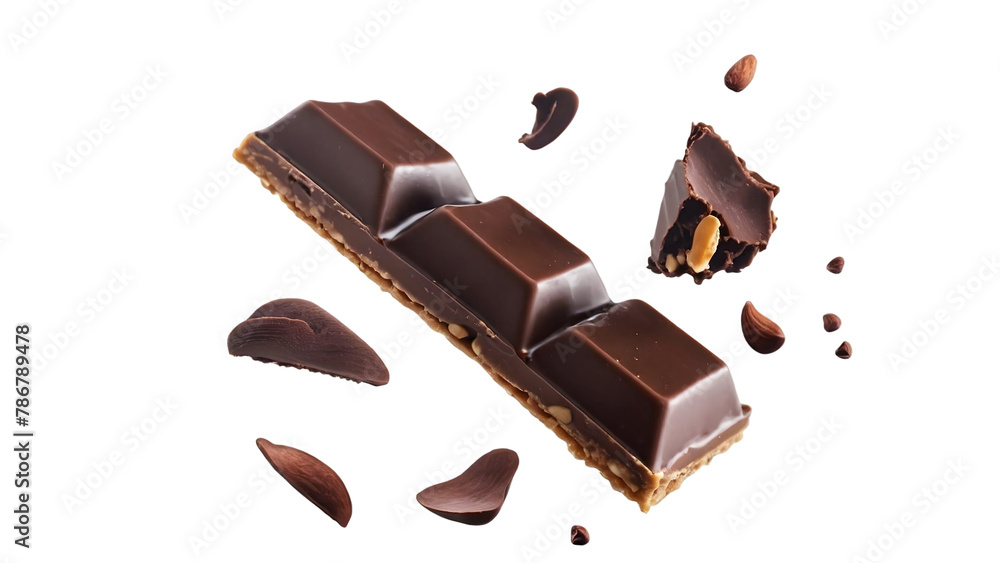 Chocolate bar wafer falling with choc flake in the air isolated on ...