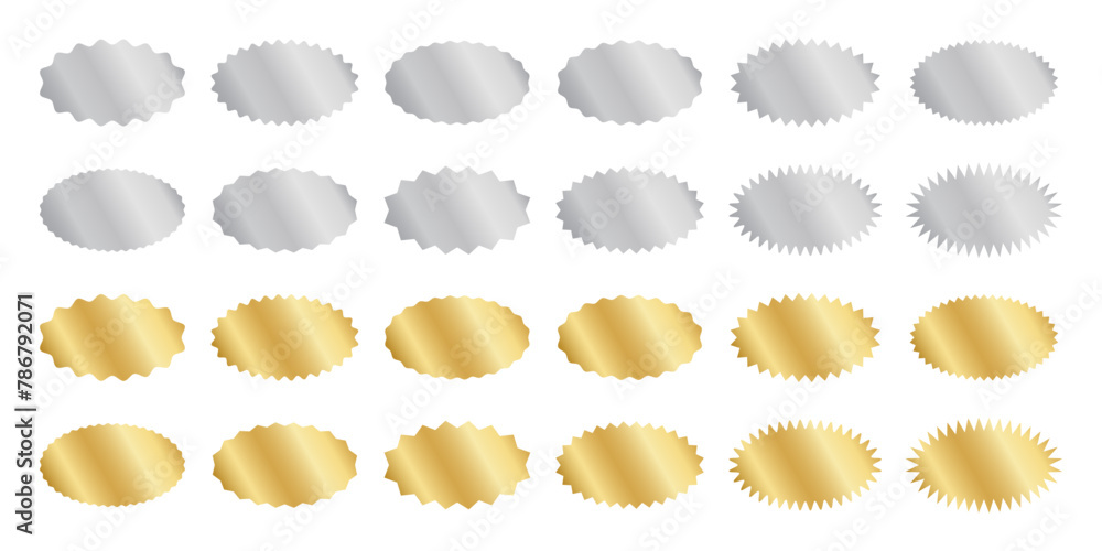 Set of silver and gold oval stickers with wavy borders. Metallic wiggly ...