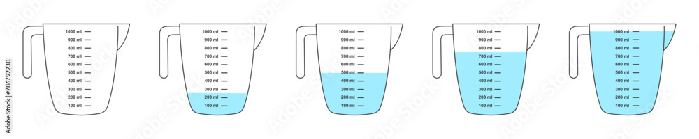 Set of empty and water filled measuring cups with 1 liter volume. Liquid containers for cooking ...